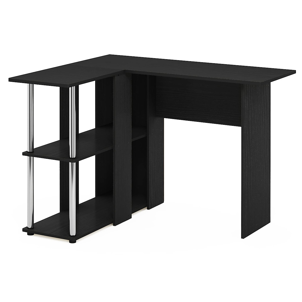 Furinno Abbott L-Shape Desk with Bookshelf, Americano/Chrome