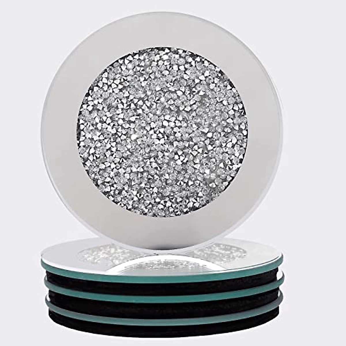 ToPToToo Mirrored Coaster for Drinks，Crushed Diamond Cup Coasters 4 Pack with Holder,Crystal Glass Round Coasters for Coffee Table Decor on Tabletop(4 X 4Inch)