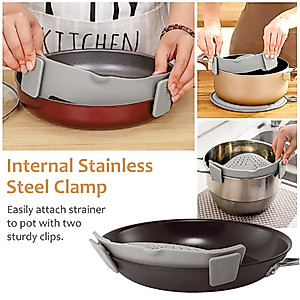 YEVIOR Clip on Strainer for Pots Pan Pasta Strainer, Silicone Food Strainer Hands-Free Pan Strainer, Clip-on Kitchen Food Strainer for Spaghetti, Pasta, Ground Beef Fits All Bowls and Pots (Grey)