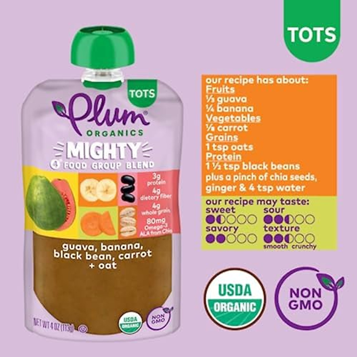 Plum Organics Mighty 4 Organic Toddler Food - Guava, Banana, Black Bean, Carrot, and Oat - 4 oz Pouch (Pack of 12) - Organic Fruit and Vegetable Toddler Food Pouch