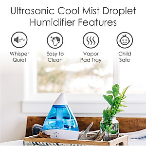 Crane Droplet Ultrasonic Small Air Humidifiers for Bedroom and Office, 0.5 Gallon Cool Mist Humidifier for Plants and Home, Humidifier Filters Optional, Blue and White