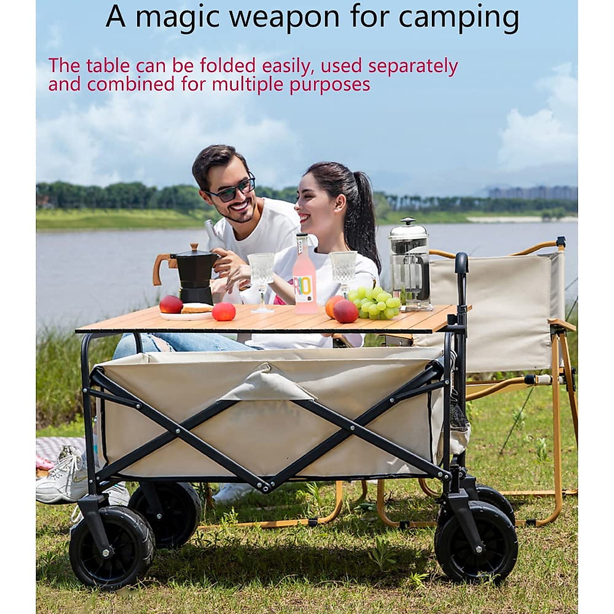 Collapsible Folding Wagon with 150L Capacity, Heavy Duty Foldable Utility Garden Cart with Big All-Terrain Beach Wheelsand Drink Holders.White