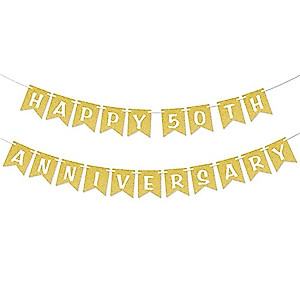 Happy 50th Anniversary Gold Glitter Banner Anniversary Wedding Party Decorations 50 Fifty Celebration Party Hanging Sign Photo Booth Props