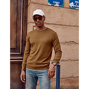 PJ PAUL JONES Mens Casual Crew Neck Sweater Long Sleeve Knitted Sweater Solid Color Wool Knitted Sweater Brown M