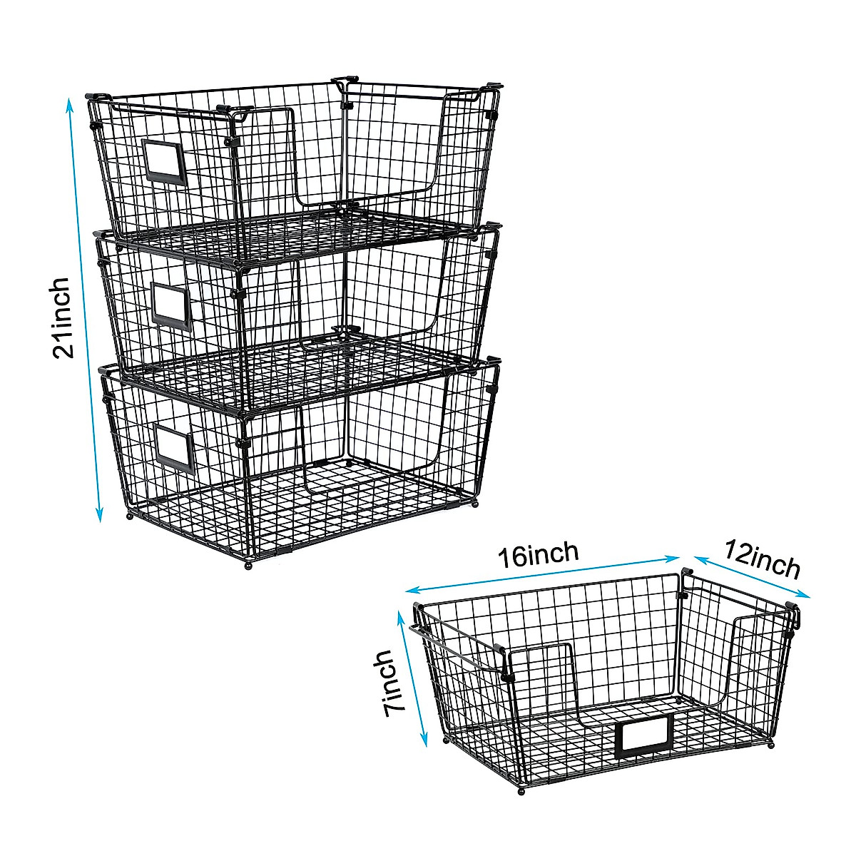 3 Pack XXL Stackable Wire Baskets for Pantry Storage and Organization- Large Metal Storage Bins with Handle and Chalkboard for Fruit Vegetable Snack Food- Kitchen Cabinet Countertop Organizer - Black