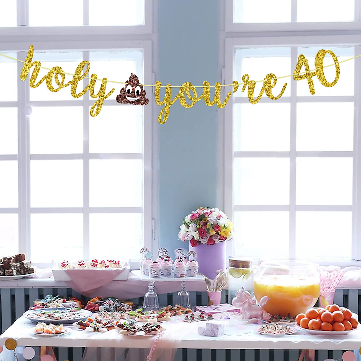 Holy Shit You're 40 Banner, Gold Glitter Funny Adult Happy 40th Birthday Banner Decoration Supplies
