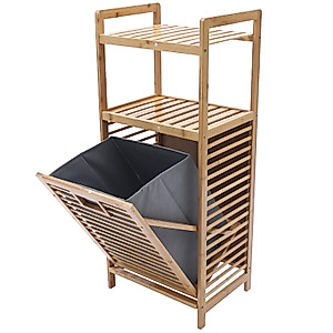 Xuthusman Laundry Hamper Bathroom Tilt-out Laundry Hamper Bamboo Tower Hamper Dirty Clothes Basket with 2-Tier Storage Shelves gray