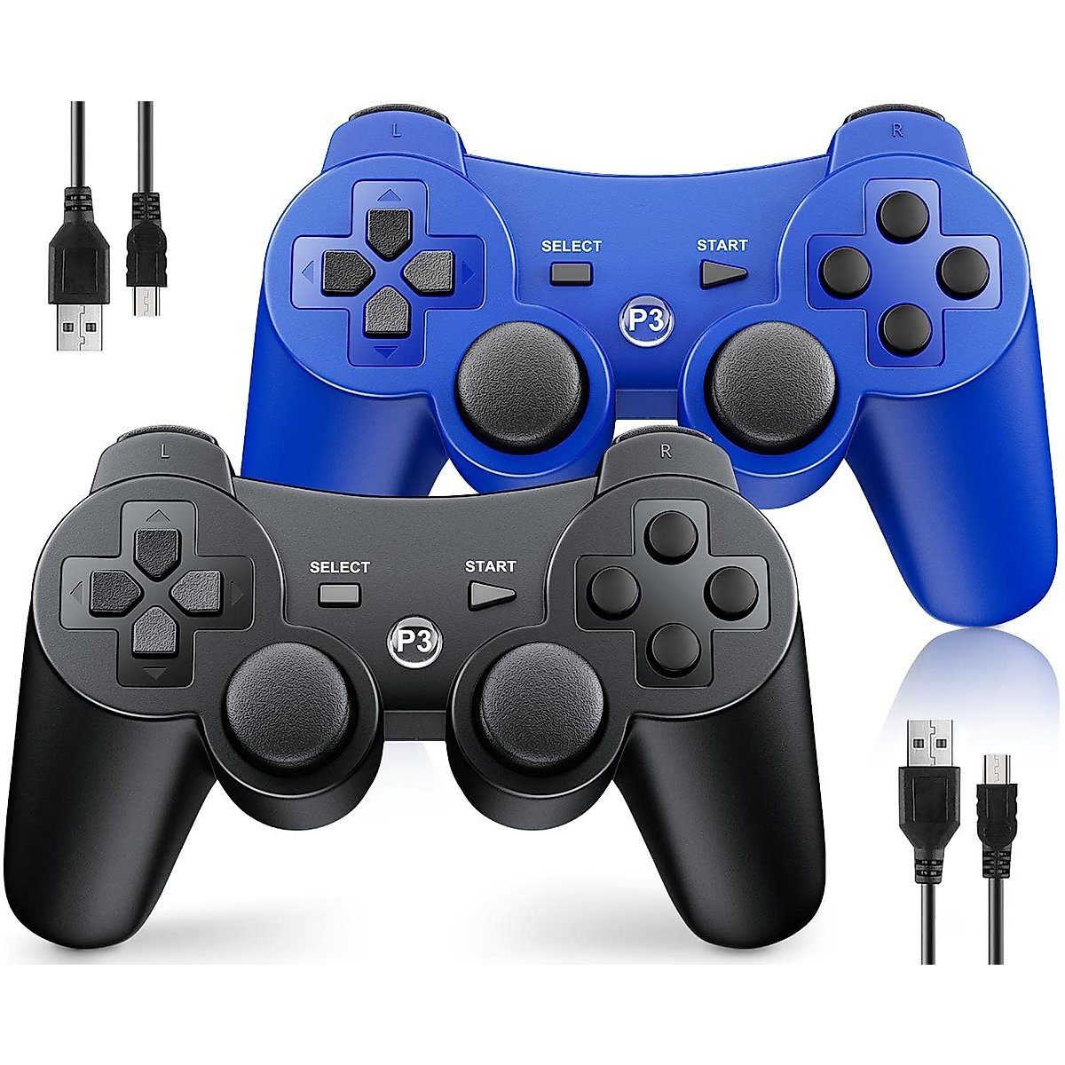 OKHAHA Controller 2 Pack for PS3 Wireless Controller for Sony Playstation 3, Double Shock 3, Bluetooth, Rechargeable, Motion Sensor, Remote for PS3 (No Stripes(Black + Blue))
