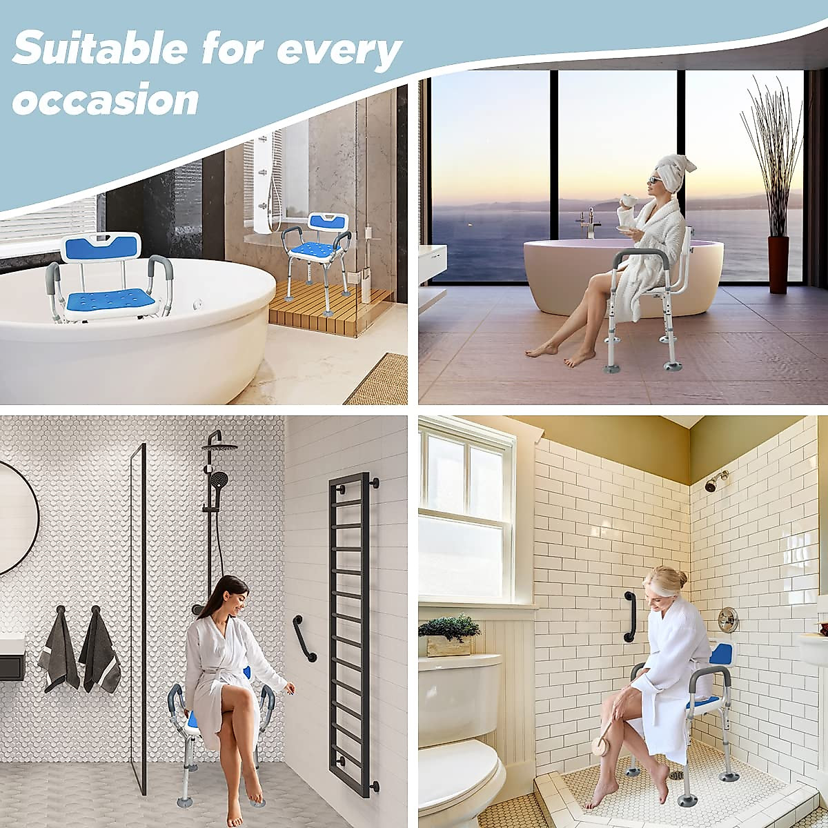 Shower Chair with Arms Heavy Duty Bath Chair with Back Inside Shower Transfer Bath Seat Padded Bench Portable Lift Height Adjustable Legs for Bathtub Non-Slip feet