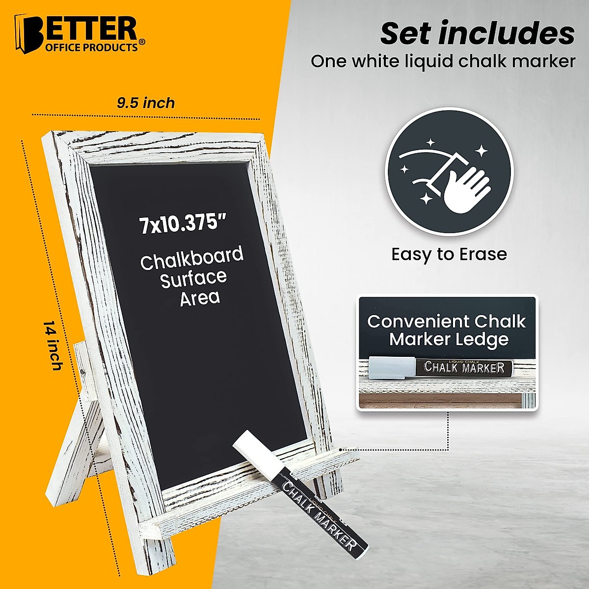 Better Office Products Framed Tabletop Chalkboard Sign, 9.5" x 14", Rustic Wood Frame, Small Magnetic Chalkboard with Built-in Ledge and Folding Stand, One White Chalk Marker Included,(Whitewash)