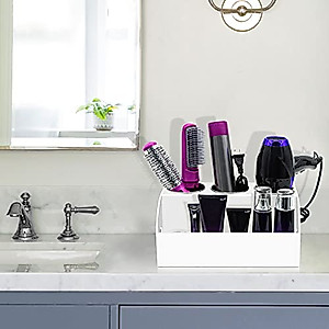 saqqob Hair Tools Organizer,Acrylic Blow Dryer Holder,Hair Dryer Holder For Countertop,Stand Storage and Vanity Bathroom with 3 Heatproof Steel Cups,White