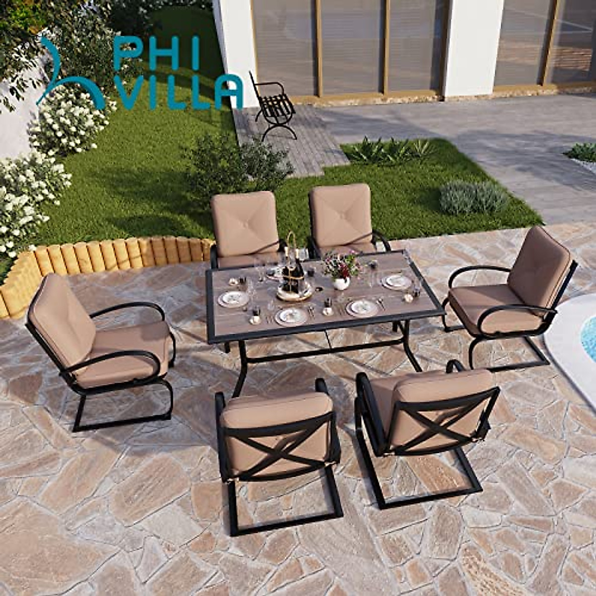 PHI VILLA 7 Pcs Patio Dining Set, Outdoor Furniture Dining Set with 6 Spring Motion Chair with 3.9" Cushion & 1 Large Rectangular Table for Garden, Lawn, Beige