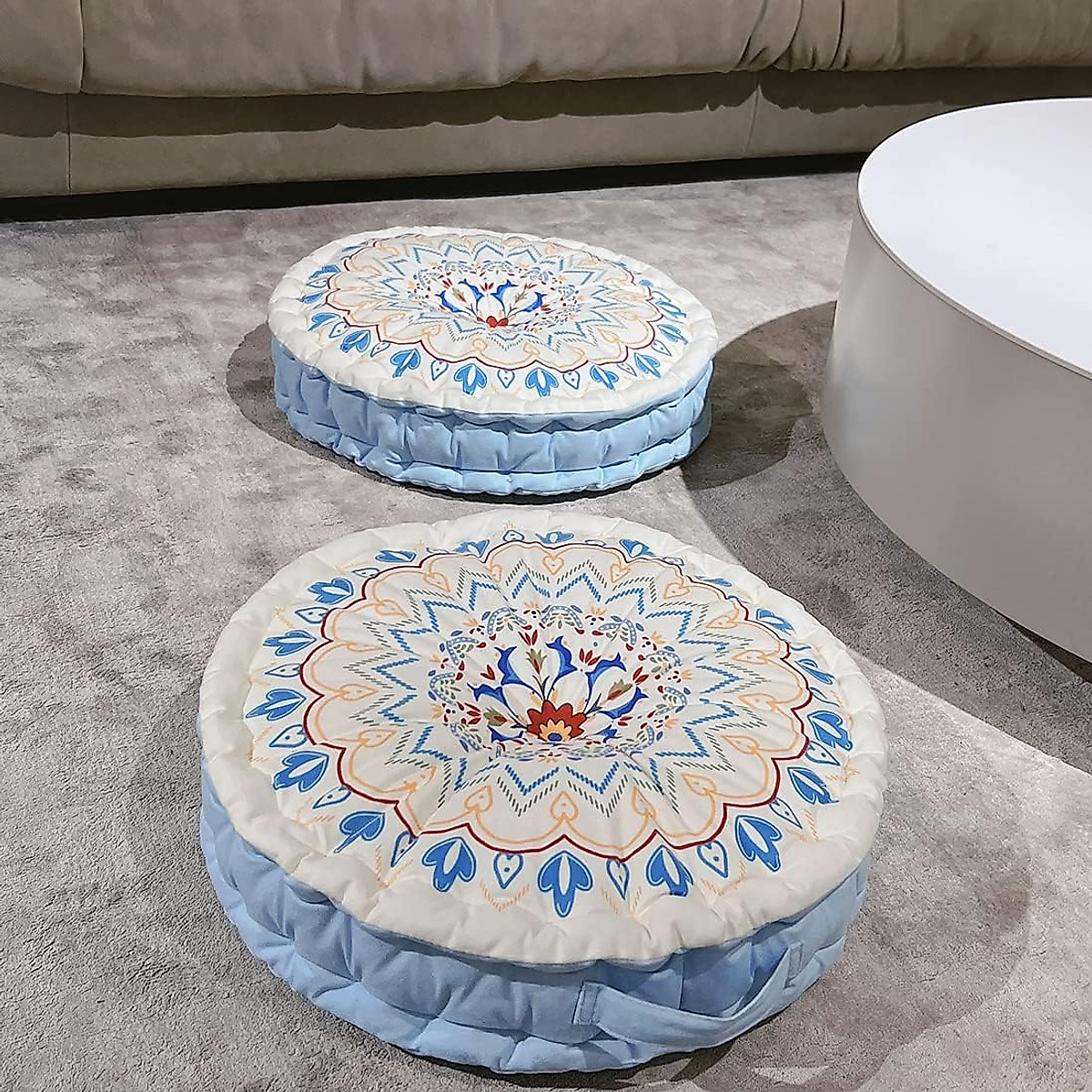 vctops Boho Print Round Chair Pad with Handle Soft Velvet Chiar Cushion Floral Pattern Thicken Seat Cushion for Dining Chairs, Office Chairs, Hardwood Floors (Blue A,16"x16")