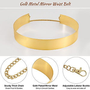 WHIPPY Women Gold Metal Belt Shiny Polished Adjustable Gold Metal Mirror Waist Belt, Gold,1.57" Width