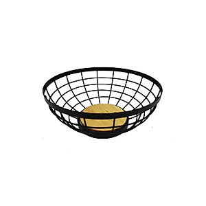 Large Wooden Fruit Bowl for Kitchen Countertop & Dining Room, Decorative Wooden Wire Basket for Living Room- ShinYik Japanese Zakka Style with Bamboo Wood and Rust Resistance Black Iron