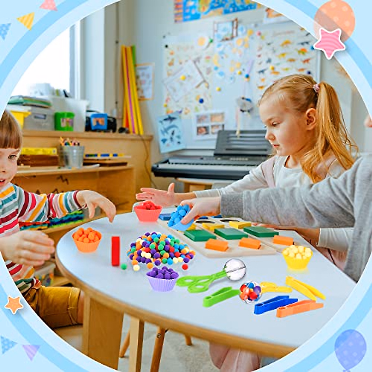 142 Pieces Fine Motor Skills Handy Scooper Set Sensory Bin Filler Includes 12 Sorting Bowls, 8 Tweezers, 2 Scissors Clips, 120 Plush Balls for Early Education and Sorting Counting Training Development