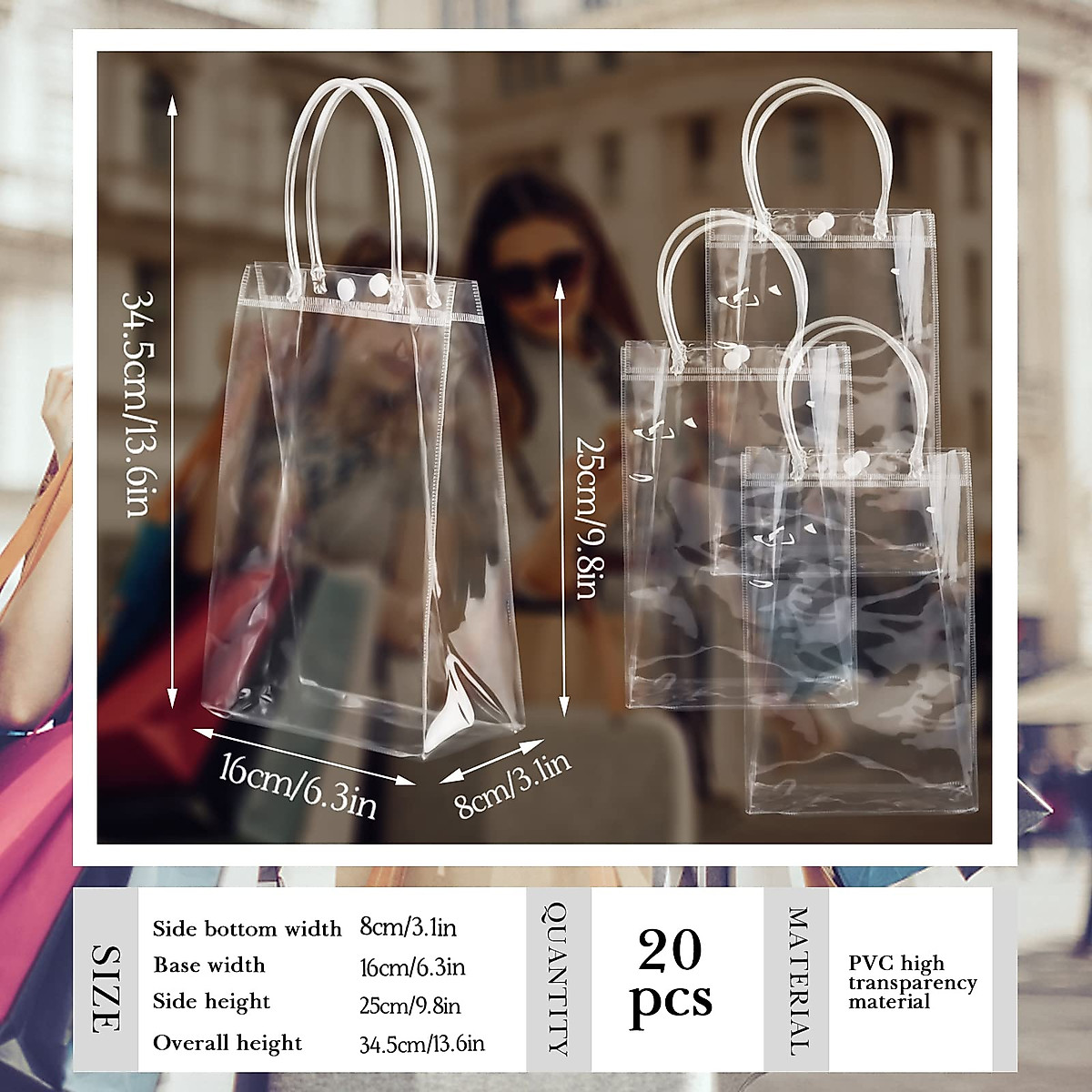 BadenBach 20 PCS Clear Gift Bags with Handles,6.3" x 9.8" x 3.1",Small Gift Bags Clear Goodie Bags Plastic Gift Bags with Handles for Wedding Birthday Baby Shower Party Favors Halloween Christmas