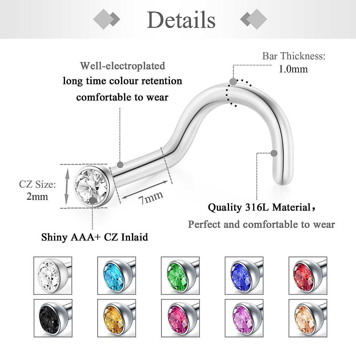 Zolure 18g 20g 22g Nose Rings Nose Studs Surgical Stainless Steel Screw L Shaped Pin Bone Nose Nostrial Piercing Jewerly for Women Men