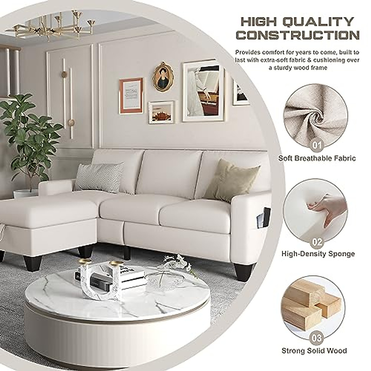 ZeeFu Convertible Sectional Sofa Couch,Beige Linen Fabric Modern 3-Seat L-Shaped Upholstered Sofa Couch Furniture with Storage Reversible Ottoman and Pockets for Living Room Small Space Apartment