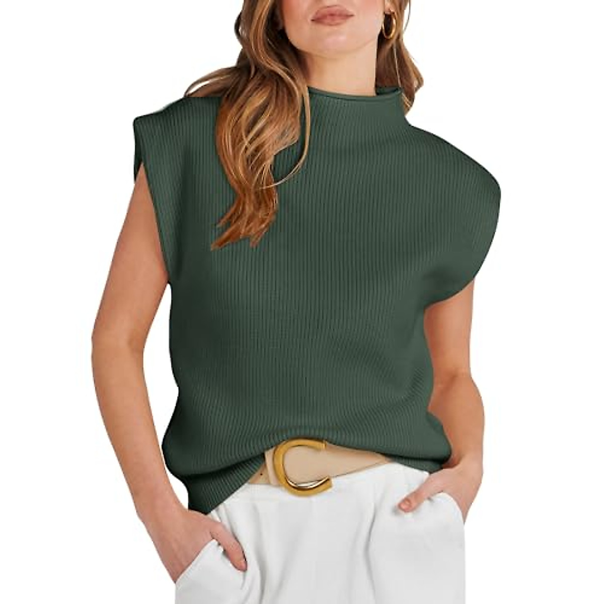 ANRABESS Women's Mock Neck Sleeveless Sweater Vest Casual Cap Sleeve Knit Pullover Tank Tops 2025 Spring Summer Clothes Green-S