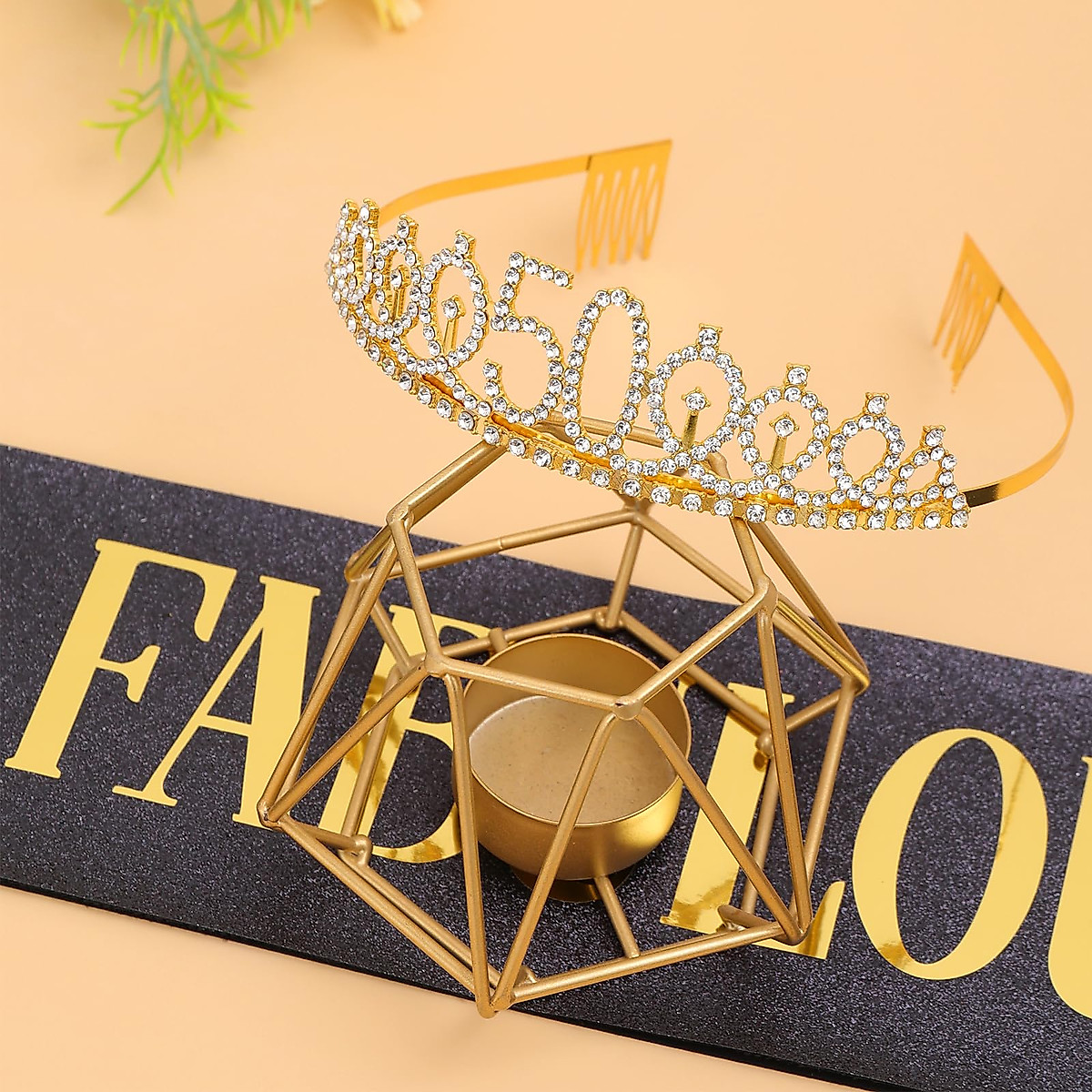 Black Gold 50 & Fabulous Sash & Rhinestone Tiara Set, 50th Birthday Gifts for Women, Birthday Sash/Tiara for Women's 50th Birthday Party Decoration (Black 50th)