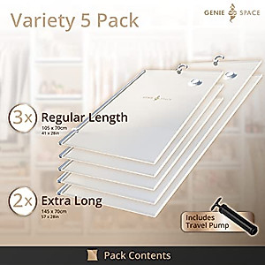 GENIE SPACE - Incredibly Strong Premium Hanging Space Saving Vacuum Bags | Variety 5 Pack (2 Extra Long + 3 Regular) | Airtight & Reusable | Create 80% More Space | for Jackets, Dresses and More.