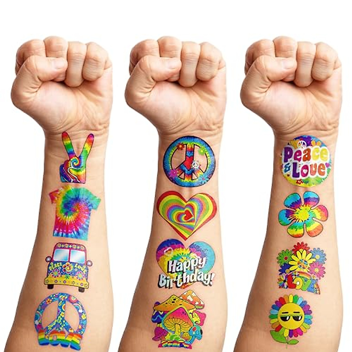 8 Sheets (96PCS) 60s Temporary Tattoos Theme Tie Dye Hippie Birthday Party Decorations Favors Supplies Stickers For Adults Kids Gifts Classroom School Prizes Rewards