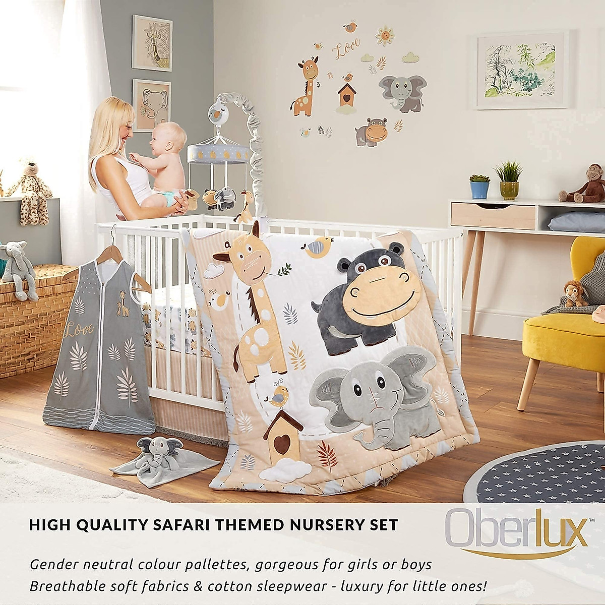 OBERLUX Crib Bedding Set + Baby Play Mat + Musical Crib Mobile - Baby Nursery Room Bundle Set