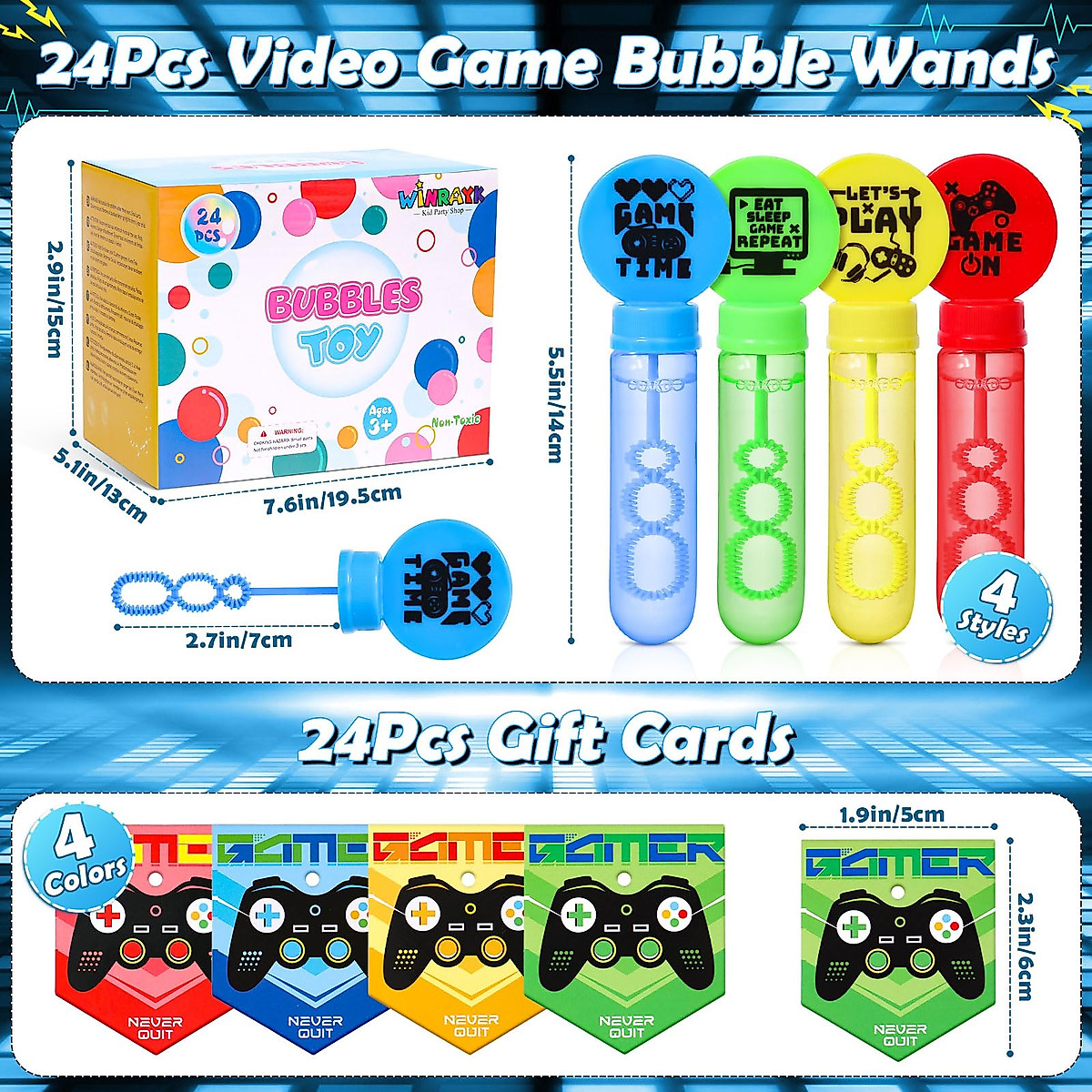 Winrayk 24Pcs Video Game Bubble Wands for Kids Bubbles Party Favors Mini Bubbles Bulk Easter Valentines Day Prizes Pinata Filler Stuffer Gamer Gaming Party Favors Birthday Supplies (with 24 Gift Card)