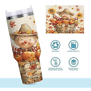 ODAWA Cute Scarecrow Autumn Maple Leaves Iced Coffee Tumbler Reusable Insulated Cup with Straw Water Cup