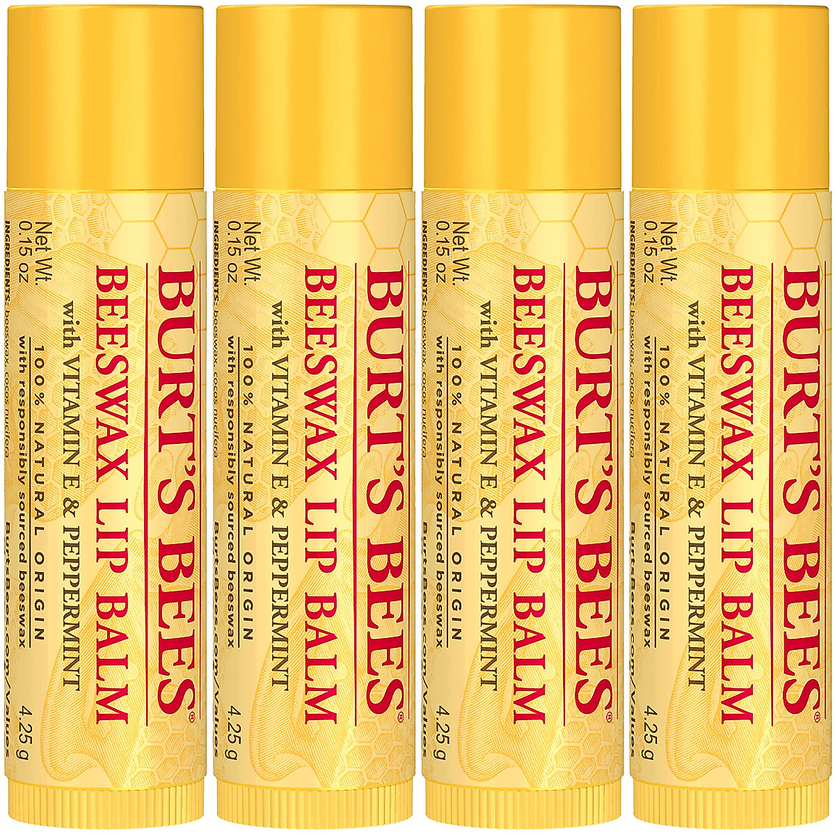 Burt's Bees Lip Balm Easter Basket Stuffers, Moisturizing Lip Care Spring Gift, for All Day Hydration, 100% Natural, Original Beeswax with Vitamin E & Peppermint Oil (4 Pack)