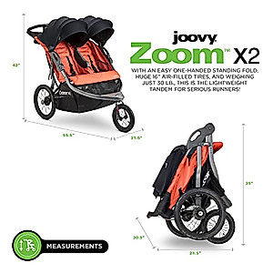 Joovy Zoom X2 Lightweight Performance Double Jogging Stroller Featuring Extra-Large Pneumatic Tires with Air Pump Included, Locking and Swiveling Front Tire, and Easy One-Handed Fold, Paprika