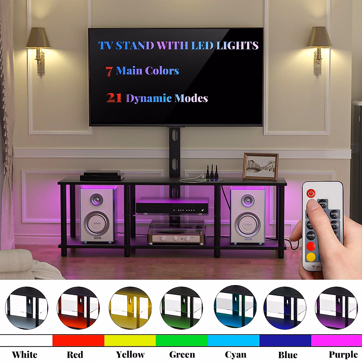 TV Stand with Mount and Led Light，Black TV Stand with Power Outlets for 32/40/43/50/55/60/65/70 Inch TV,Entertainment Center with Storage Shelf for Bedroom/Living Room/Office