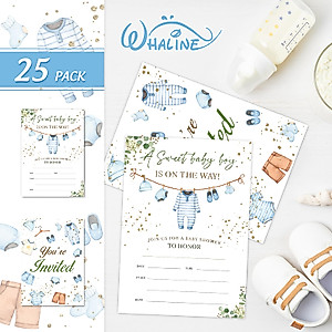 Whaline 25 Sets Boy Baby Clothes Baby Shower Party Invitations with Envelopes Stickers Blue Cute Party Invitation Paper Cards Fill-In Invites for Birthday Gender Reveal Party Supplies, 5 x 7 Inch