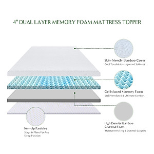 Novilla 4 Inch Breathable Cooling Memory Foam Mattress Topper Full, White, Gel & Bamboo Charcoal Infused for Motion Isolation & Pressure Relieving