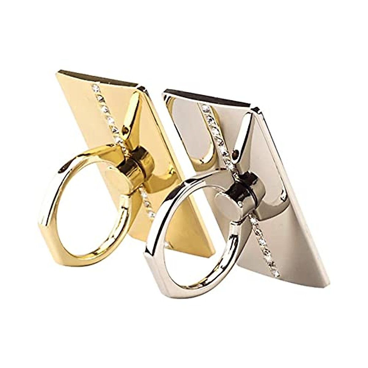 Cavdycidy Cell Phone Ring Holder Stand Rectangular Metal Finger Grip Crystal Stone， 360° Rotation Universal Stand Anti Drop Compatible with All Smartphones 2 Pack (Gold and Silver)