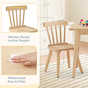 Curipeer Windsor Kids Table and 2 Chair Set, Rubberwood Toddler Table and Chair Set for Art, Play, Craft, Activity, Children Table with Non-Slip Legs/Round Edge Design, Natural Wood