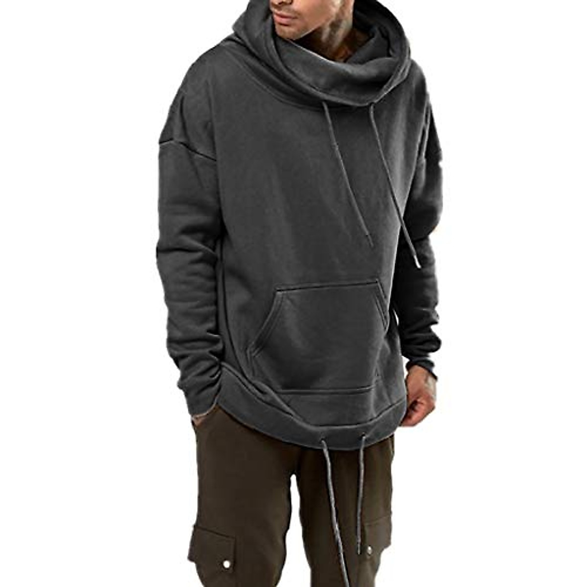 Thenlian Men's Casual Pure Color Turtleneck Pullover Hoodie Long Sleeve Sweatershirt Tops(M, Gray)