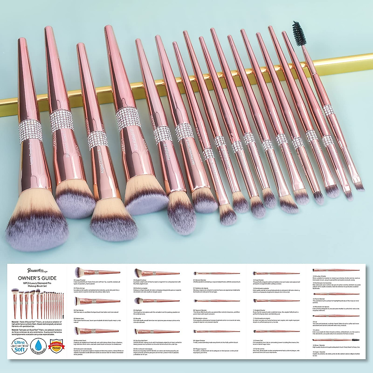 Bueart Design 16Pcs ULTRA SOFT Labeled Makeup Brushes Sets -with Foundations Powder Blush Concealer Blending Eyeshadow Contour Brush sets (Rose Gold)