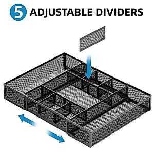 Marbrasse Expandable Desk Drawer Organizer, Mesh Drawer Organizer Tray with 10 Adjustable Compartments, Desk Organizers and Accessories, 5 Dividers Drawer for Office Supplies, Makeup & Vanity (Black)