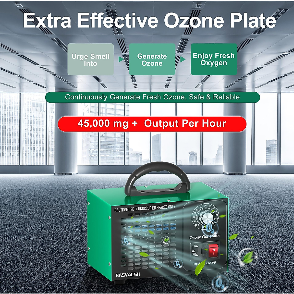 Ozone Generator 45,000mg/h, Industrial/Home O3 Air Purifier Deodorizer for Areas of 2500 Square Feet - High Capacity Ozone Machine Air Ionizer Odor Clean for Rooms, Smoke, Cars, Pets (Green)