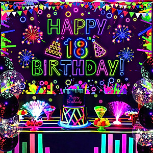 Neon Birthday Party Decorations Neon Happy 18th Birthday Banner Glow in The Dark Party Decorations with UV Black Light Reactive for Let Glow Neon Birthday Blacklight Graduations Party Supplies