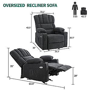 YITAHOME Glider Rocker Recliner Chair with Massage and Heat, Fabric Recliner Chair, Manual Rocking Recliner Chair with 2 Cup Holders, USB Charge Port and Side Pocket,Grey