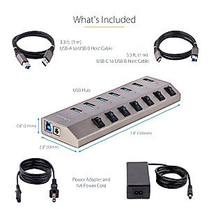 StarTech.com 7-Port Self-Powered USB-C Hub with Individual On/Off Switches, USB 3.0 5Gbps Expansion Hub w/Power Supply, Desktop/Laptop USB-C to USB-A Hub, USB Type C Hub w/BC 1.2 (5G7AIBS-USB-HUB-NA)