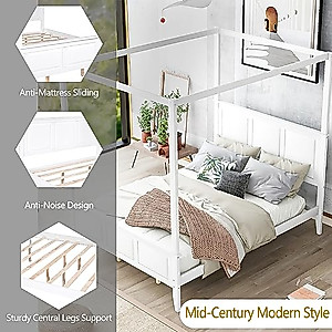 Altillo Queen Size Wooden Canopy Platform Bed Frames with Headboard/Footboard, Modern Concise Platform Bed with Solid Wood Slat Support for Bedroom Boys Girls Adults Teens, White (Queen)