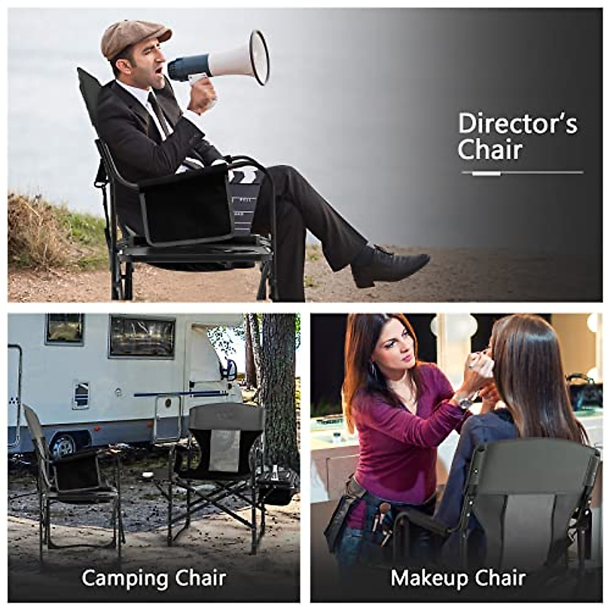 COSTWAY Folding Camping Chair, Heavy-Duty Director Chair Supports 400lbs for Adults with Side Table, Cooler Bag, Storage, Strap, Portable Makeup Chair Suitable for Fishing Picnic, Black