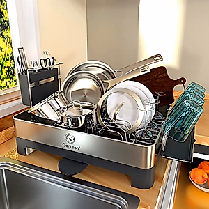 Genteen Large Dish Drying Rack, Dish Rack for Kitchen Counter, Stainless Steel Dish Drainers with Drainboard, Rotatable Spout and Utensil Holder - Gray