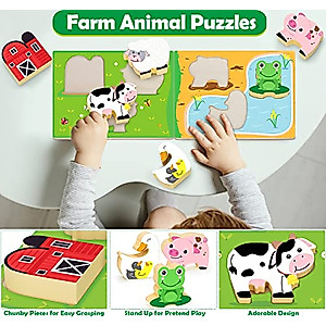 Wooden Farm Animals Toys for 1 2 3 Year Old Girl Boy, Take-Along Sorting Barn Toy with Baby Chunky Puzzles, Montessori Learning Toys for Fine Motor Games, Christmas Birthday Gifts for Toddlers 1-3