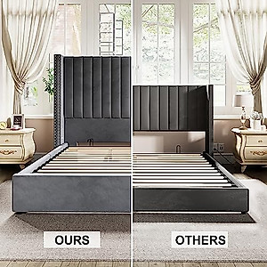Jocisland Lift up Storage Bed Frame Queen Size, Upholstered Platform Bed Velvet with Channel Tufted Wingback Headboard, No Box Spring Needed, Gray