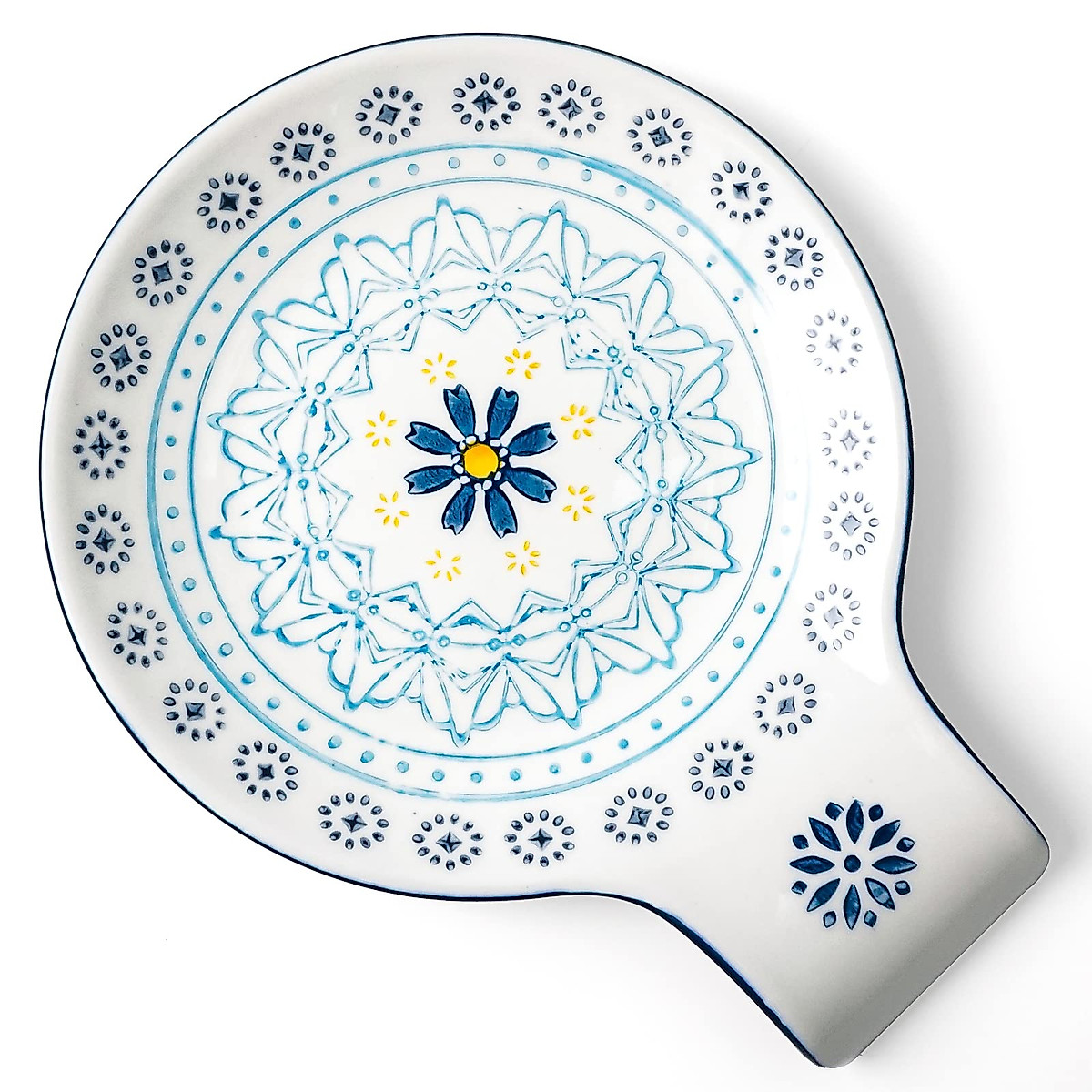 Magclay Hand Painted Spoon Rest, 5.5" Ceramic Spoon Holder for Stove Top and Kitchen Counter, Blue Pattern Utensil Rest, Great Cooking Gifts for Friends, Modern Kitchen Decorative